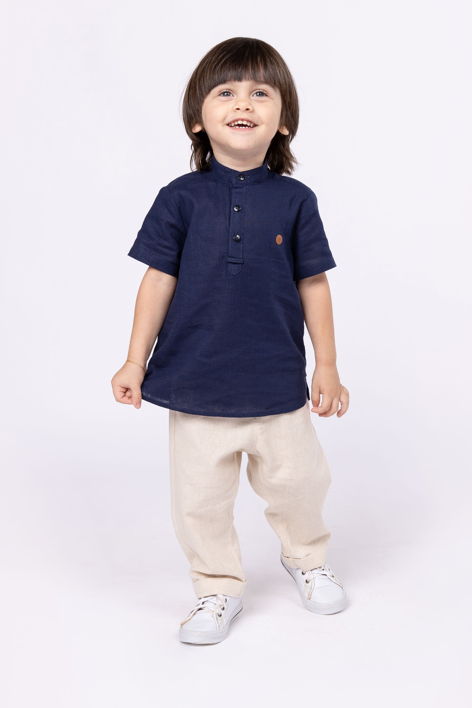 Calça para meninos de linho com elastano - Um mais Um